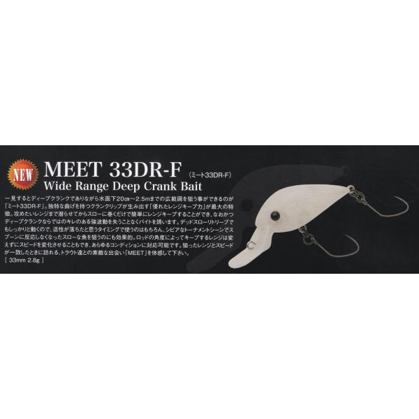 一見するとディープクランクでありながら水面下20cm〜2.5mまでの広範囲を狙う事ができるのが「ミート33DR-F」。独特な曲げを持つクランクリップが生み出す「優れたレンジキープ力」が最大の特徴。攻めたいレンジまで潜らせてからスローに巻くだ...