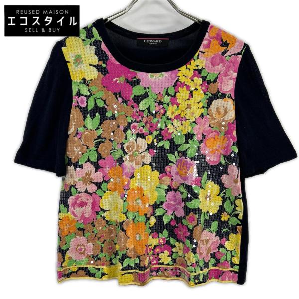 【商品情報】商品番号：2877100000054723ブランド）レオナール / LEONARDタイプ）ネイビー コットン 花柄 スパンコール カットソーカラー）ブラックシーズン）夏素材）コットン【サイズ】表記サイズ：L肩幅：36cm着丈：5...