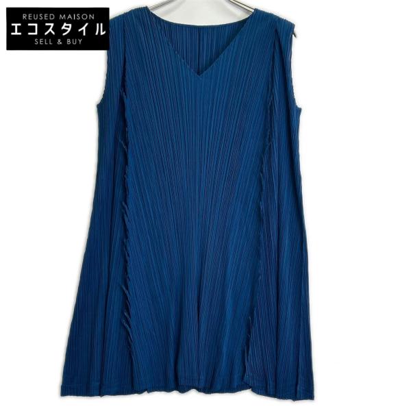 【商品情報】商品番号：2909500000059354ブランド）プリーツプリーズ / PLEATS PLEASEタイプ）ブルー PP71-JT613 フリンジカット Vネックプリーツ ノースリーブワンピースカラー）ブルーシーズン）夏素材）ポ...