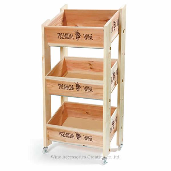 天然木を使用したナチュラルな風合いのキャスター付き３段ワイン木箱。ワイン、シャンパンボトルなどの分類に便利な上中下３段式で、１２本×３段（合計３６本）が収納可能です。ワインのストックはもちろん、お店のディスプレイ、キッチンの野菜入れやレシピ...