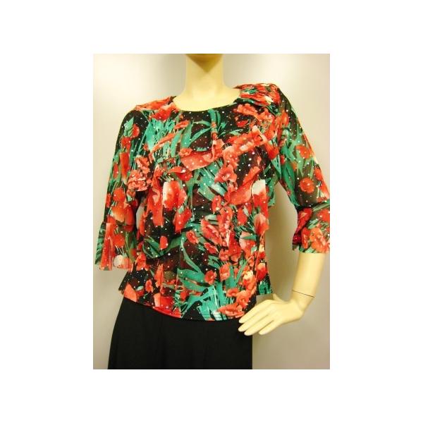 斜め使いの三段フリルに貼りスパンが華やかな花プリントダンストップス。即日配送 社交ダンス トップス 衣装 コーラス衣装 パーティー 社交ダンス衣装 カラオケ衣装 ダンスウエア フォーマル ストレッチ