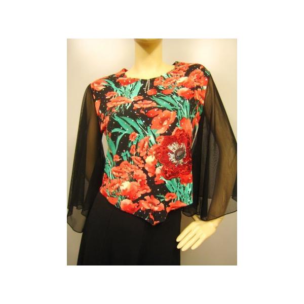 貼りスパンプリントにミニスパンコールの刺繍が豪華なフレアー袖デザイントップス。即日配送 社交ダンス トップス 衣装 コーラス衣装 パーティー 社交ダンス衣装 カラオケ衣装 ダンスウエア フォーマル ストレッチ