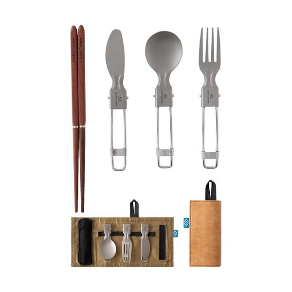 【折りたたみ式＆コンパクト収納で、   いつでもどこでも快適な食事を】 COOK'N'ESCAPEのチタン製カトラリーセットは、 ナイフ、スプーン、フォーク、箸がすべて折りたたみ式で、 付属の「デュポン紙製収納袋」に簡単に収納できます。 収...
