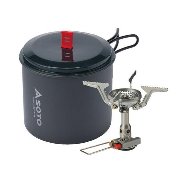トータルバランスに優れたコンパクトストーブ、SOTOシングルストーブ AMICUS（アミカス）とアルミクッカーのセット。※マイクロレギュレーター非搭載モデルです。※ボンベは別売です。■アミカス●外形寸法幅76X奥行100X高さ86mm(使用...