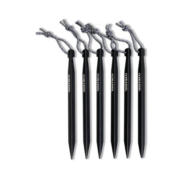 自立式テントの固定に最適なペグ。 （大型タープの固定には向いておりません。）  重量：10g サイズ：幅11mm 長さ170mm 素材：7A04アルミニウム製 黒色アルマイト仕上げ 6本セット  Made in China 爆買