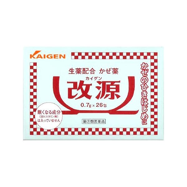 ■ブランド名カイゲン KAIGEN■商品名改源 26包■医薬品区分指定第2類医薬品■効能・効果かぜの諸症状（のどの痛み、せき、たん、悪寒、発熱、頭痛、関節の痛み、筋肉の痛み）の緩和■成分・分量大人1日量3包（2,100mg）中アセトアミノフ...