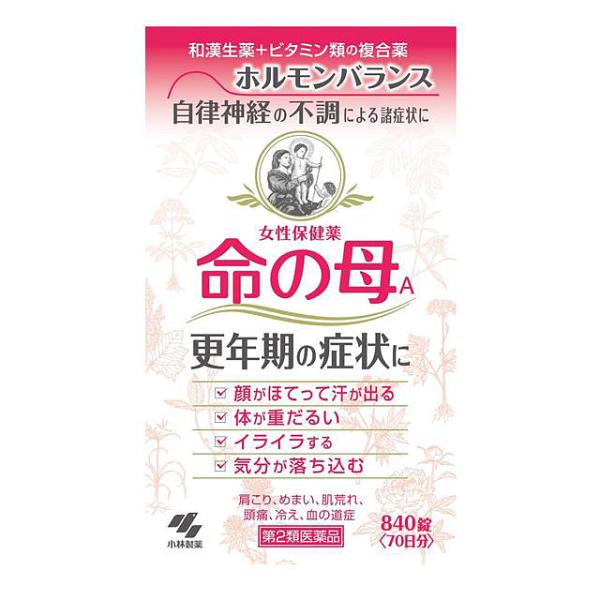 ■ ブランド名小林製薬■ 商品名命の母Ａ 840T【定価改定】■ カテゴリ医薬品・医薬部外品 ＞ 医薬品 ＞ 婦人薬 ＞ 第二類医薬■ 商品説明・特徴ホルモンバランス・自律神経の不調による諸症状に和漢生薬＋ビタミン類の複合薬■効能・効果更年...