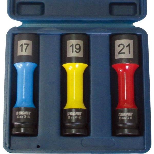 自動車ホイールナットの締め、緩めに使用する専用ソケットレンチ。インパクトレンチに対応。専用薄肉設計で、サイズが分かりやすいよう、色分けされています。差込角12.7sq.（1/2DR）全長100mm