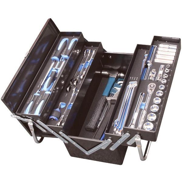 保守点検・現場での組立や施工など様々なシーンに対応出来るデラックス両開き工具セット！ボックスサイズ：410×200×230mm質量：11.8kg使い勝手がいい両開きツールケースを採用。4つの引き出しには専用トレイ付きで工具の管理が容易。ダイ...