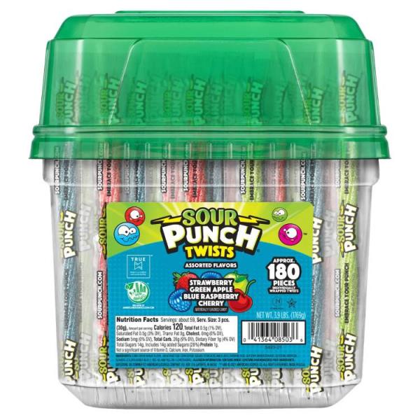 食欲をそそるサワーパンチツイストは、6インチのおいしさで、甘酸っぱいキャンディーを柔らかく噛みごたえのあるままに保つために個別包装されています。再密封可能な容器なので、これらの甘いお菓子をパントリー、キッチンカウンター、またはオフィスに簡単...