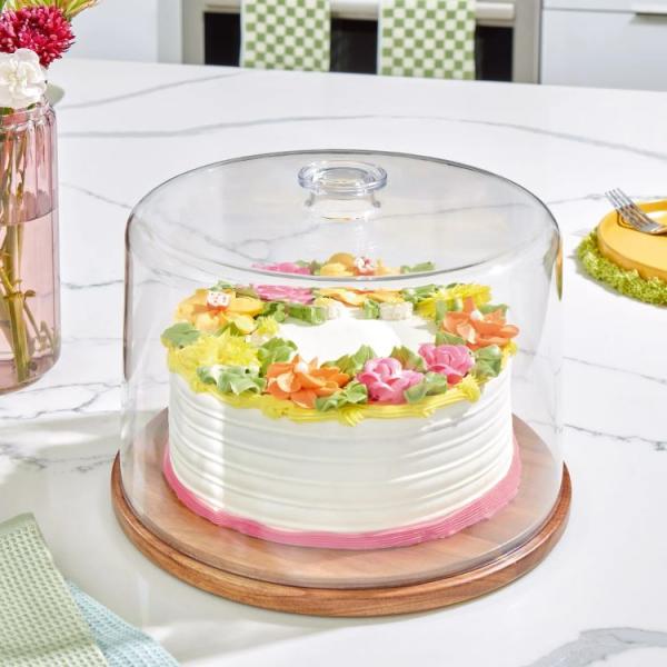 PETプラスチック蓋アカシアウッドスタンド軽量で耐久性に優れています破損しにくい手洗のみiDESIGN ケーキドームは、焼き菓子やスナックセレクションを注目の的にします。中身が見える透明なプラスチックドーム蓋の下の木製ケーキプレートにペスト...