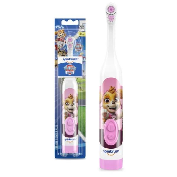 スピンブラシ パウ パトロール キッズ 電池式電動歯ブラシ スカイは、3歳以上の子ども向けに設計された、人気キャラクター「スカイ」をあしらった電動歯ブラシです。小さな口に配慮したコンパクトなやわらかめ毛先のブラシヘッドを採用し、下部の固定ブ...