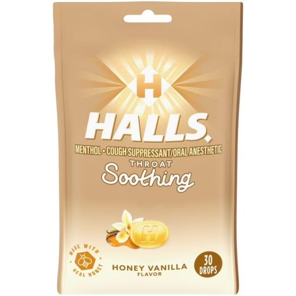 やさしいはちみつバニラ風味が特長の、HALLS（ホールズ）のスロートドロップ30個入りパックです。本物のはちみつを使用。 個包装タイプで衛生的。チャック付きの袋入りなので、外出時や仕事中など、必要なときにすぐ取り出せて便利です。 ホールズは...