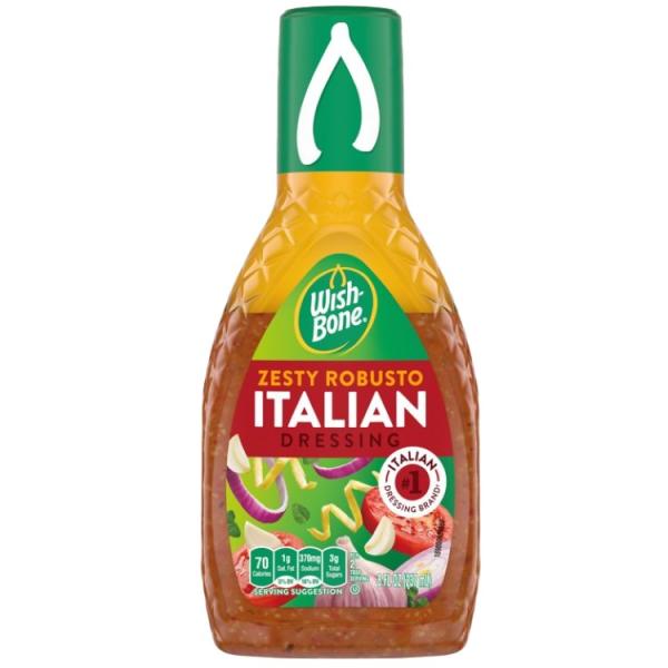 ウィッシュボーン ゼスティ ロブスト イタリアンドレッシング 237mL にんにく、オレガノ、赤ピーマンを使ったスパイシーな風味で、果糖ブドウ糖液糖・人工保存料・人工香料不使用。パスタサラダやマリネ、フレッシュサラダに使いやすいサイズです。