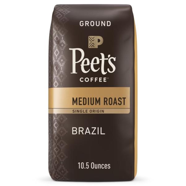 ピーツコーヒーの「シングルオリジン ブラジル プレミアム ミディアムロースト 挽きコーヒー」は、ミナスジェライス地方で完熟したコーヒーチェリーを太陽の光で自然に甘く仕上げた、100％アラビカ豆使用の中煎りコーヒーです。 ドライフルーツやヘー...