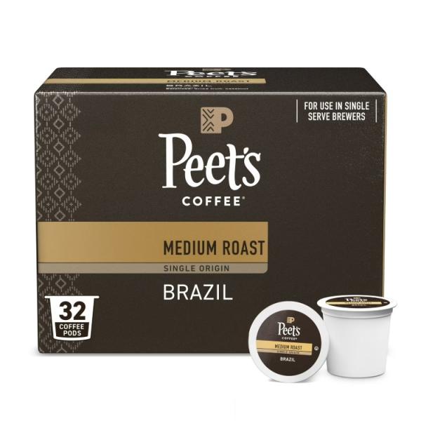 ピーツコーヒーの「シングルオリジン ブラジル ミディアムロースト シングルサーブ コーヒーポッド」は、ブラジル・ミナスジェライス地方で完熟したコーヒーチェリーを使用した、なめらかでコクのある味わいの中煎りブレンドです。 ドライフルーツやヘー...