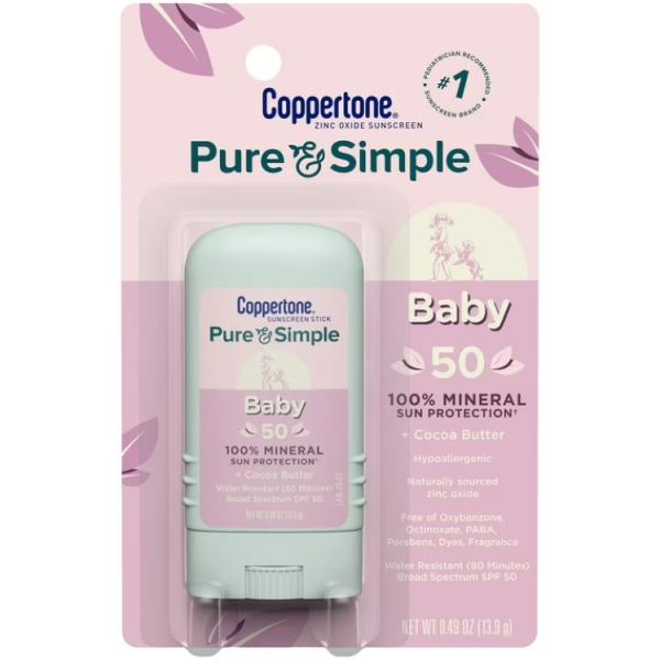 Coppertone ピュア＆シンプル ベビー サンスクリーンスティック SPF50 0.49oz（約14g）小児科医推奨No.1ブランド。低刺激・低アレルギー性でPABA・着色料・オキシベンゾン不使用。耳や鼻、顔などに使いやすい部分用ステ...