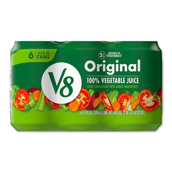 V8オリジナル100%野菜ジュース11.5オンス缶6本他のジュースに代わる満足のいく代替品。濃縮トマトジュースと7種類の野菜ジュースで作られています。この100%ジュースの11.5液量オンス缶には野菜2.5食分が含まれており、ビタミンAとC...