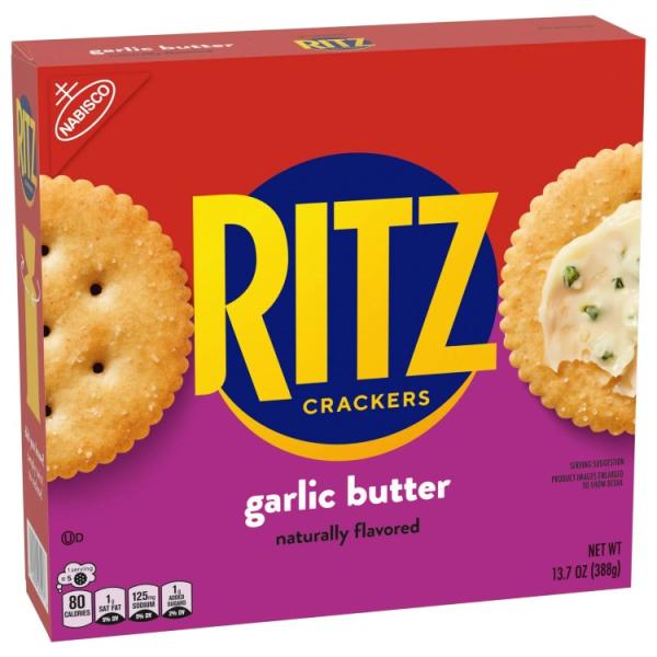 RITZ ガーリック バター クラッカーは、お好きなサクサクとした美味しい RITZ のレシピをそのままに、ガーリック バター風味で焼き上げました。RITZ の伝統的な丸型クラッカーは、クラシックな RITZ クラッカーにひねりを加えたもの...