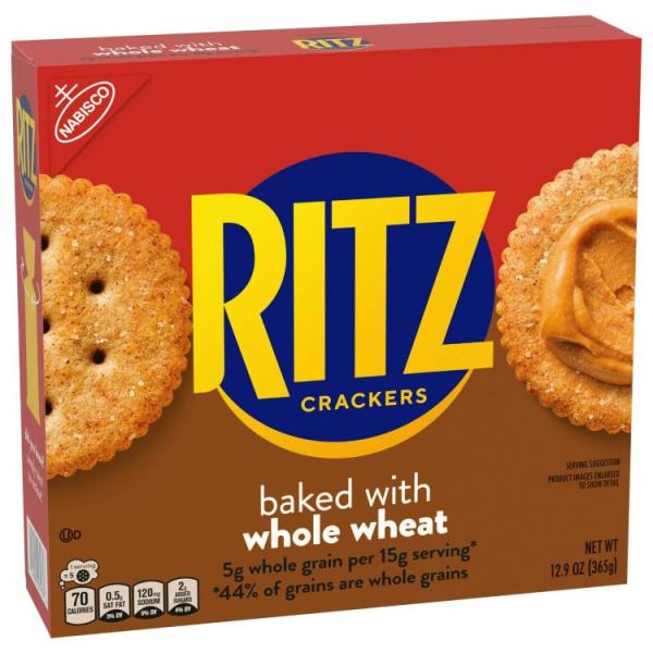 RITZ 全粒粉クラッカー 12.9 オンス 1 パック (パッケージは異なる場合があります) 全粒小麦のおいしさを生かして焼き上げたクラシックなRITZクラッカー おやつ、前菜、簡単な食事に最適なクラッカー 肉やチーズからフルーツやホイッ...