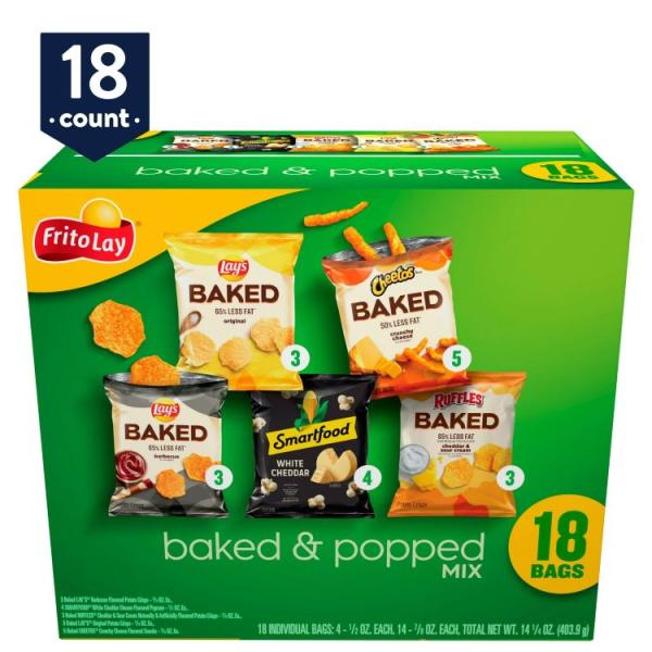 フリトレー バラエティパック ベイクド＆ポップドミックスには、18 個のシングルサーブバッグが含まれています：レイズ ベイクド バーベキュー風味ポテトクリスプ 3 個（7/8 オンス）、スマートフード ホワイトチェダー風味ポップコーン 4 ...