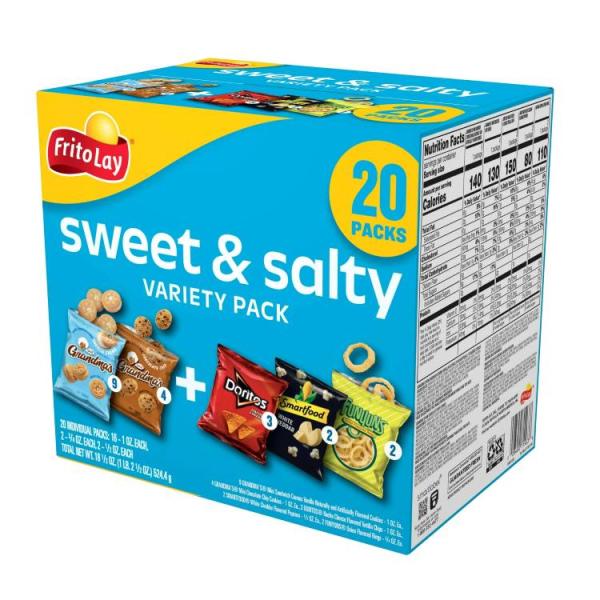 20 個入りバラエティパックには、おばあちゃんのバニラクリームミニサンドイッチクッキー (9 個)、おばあちゃんのチョコレートチップミニクッキー (4 個)、スマートフードホワイトチェダーポップコーン (2 個)、ファニユンズオニオン味リン...