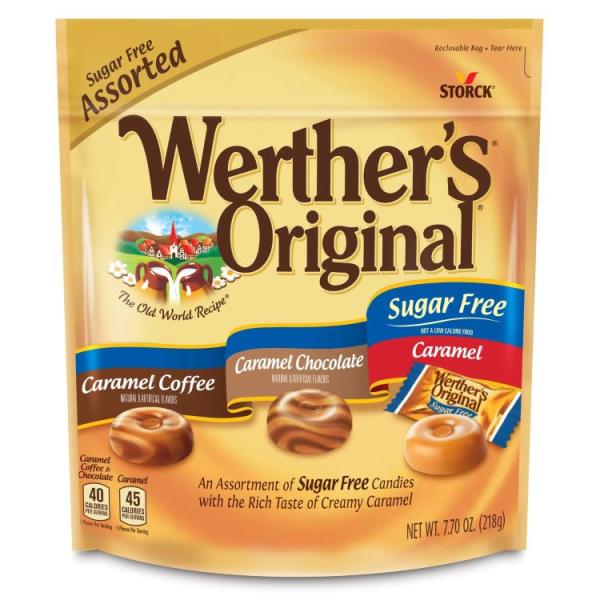 クラシックキャラメル、キャラメルチョコレート、キャラメルコーヒーのフレーバーを特徴とする、Werther's Original Sugar Free Hard Caramels の 7.7 オンスの再密封可能な袋 1 つ 個別包装のキャラメ...