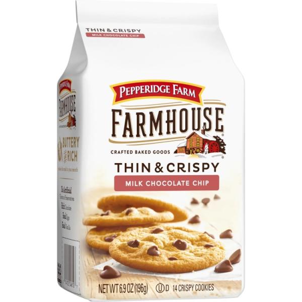 ミルクチョコレートチップクッキー：ペパリッジファームファームハウスの薄くてクリスピーなミルクチョコレートチップクッキーには ちょうどいい量のチョコレートチップが入っています。 薄くてサクサクとした食感：このサクサクとした薄いクッキーは 口の...