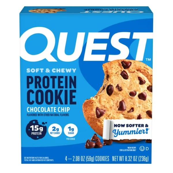 Quest チョコチッププロテインクッキーは、ソフト＆チューイーなチョコチップクッキーで、1枚あたりたんぱく質15g・ネット炭水化物4g・砂糖1g未満に設計されています。乳由来完全たんぱく質と食物繊維9gを含む高たんぱく低糖質クッキーとして...