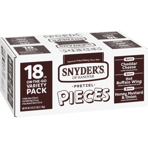 スナイダーズ オブ ハノーバー プレッツェルピース バラエティパック 2.25oz×18袋 ハニーマスタード＆オニオン、ホットバッファローウィング、チェダーチーズの3種類を楽しめるプレッツェルピースのバラエティパックです。各6袋ずつ、合計1...