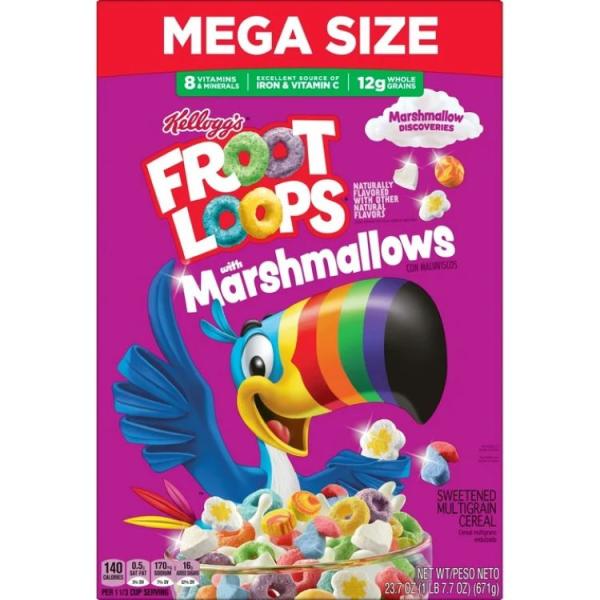 ケロッグのフルーツループス オリジナル with マシュマロは、甘いマルチグレイン朝食シリアルで、フルーティーな風味が鼻をくすぐります。美味しく自然なフルーツ風味とふわふわの色が変わるマシュマロで作った、色鮮やかでサクサクの O を味わって...