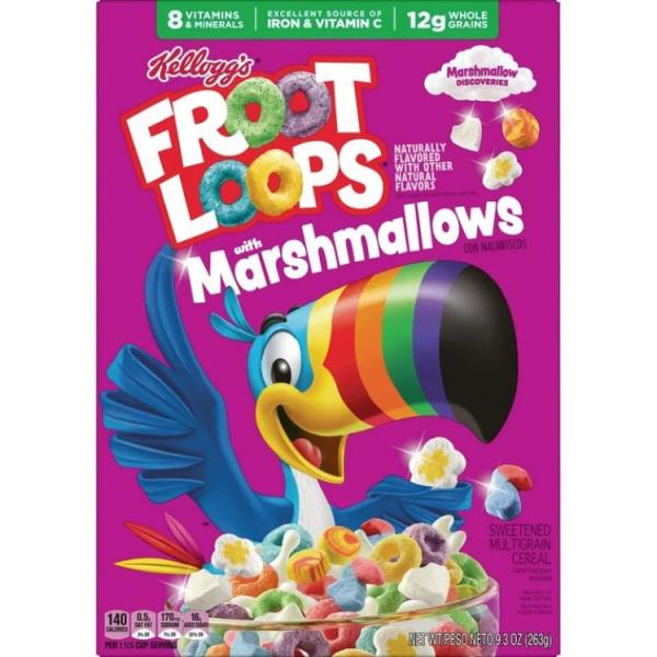 ケロッグのフルーツループス オリジナル with マシュマロは、甘いマルチグレイン朝食シリアルで、フルーティーな風味が鼻をくすぐります。美味しく自然なフルーツ風味とふわふわの色が変わるマシュマロで作った、色鮮やかでサクサクの O を味わって...