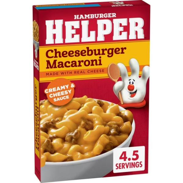 ハンバーガーヘルパー チーズバーガー マカロニは、パスタとチーズソースを組み合わせたメニューです。牛ひき肉を炒め、材料とソースを加えて煮込むだけの簡単調理。常温保存可能な乾燥タイプ。アレンジも楽しめます。