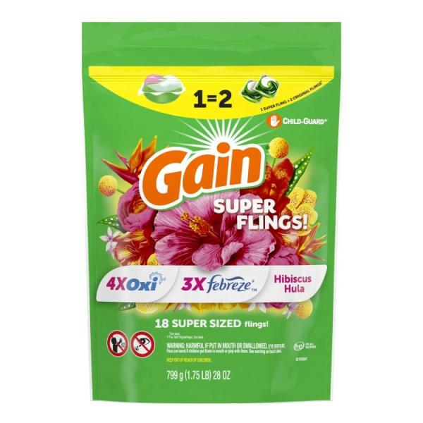 「ゲイン ハッピー 超特大フリングス 洗濯用洗剤パック ハイビスカスフラの香り」は、従来のゲインオリジナルフリングスと比べて、洗浄成分と香り成分を2倍に増量した強力タイプの洗剤パックです。 しつこい汚れにもパワフルにアプローチし、洗うたびに...