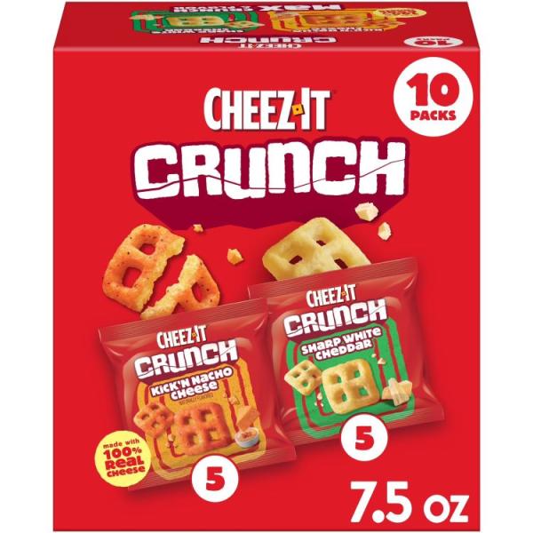 チーズイット クランチ バラエティパック 約212g 10袋入り。サクサクとした食感が特長のチーズ風味ベイクドスナックで、キックンナチョチーズとシャープホワイトチェダーの2種類の味が楽しめるセットです。100％リアルチーズを使用し、食べごた...
