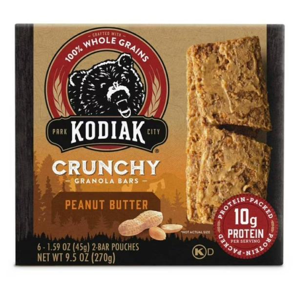 ピーナッツバタークリスピーグラノーラバーで、全粒穀物100％とピーナッツバターを使ったKodiakのバーです。1サービングあたりたんぱく質10g・約220kcalを含み、2本入りパウチが6袋入った構成で、朝食や外出時のたんぱく質補給スナック...