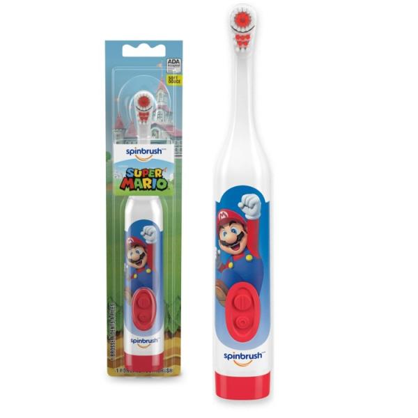 スピンブラシ 子ども用電動歯ブラシ（スーパーマリオデザイン）は、人気キャラクター「マリオ」と一緒に楽しく歯みがきができる、お子さま向けの電池式歯ブラシです。やわらかめの小さなブラシヘッドは、お子さまの口のサイズに合わせて設計されており、下部...