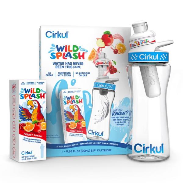 サークル ワイルドスプラッシュ フレーバーウォーターボトル 473ml。 ボトル本体とブルーのグリップ付きキャップ、パロットパンチのフレーバーカートリッジがセットになったキットです。 ダイヤル操作で風味の強さを調整でき、好みに合わせた味わい...