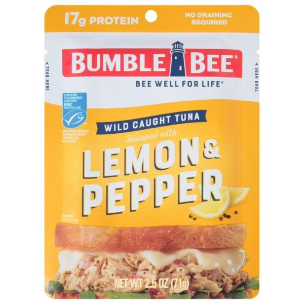 バンブルビー レモン＆ペッパー シーズンドツナは、天然まぐろを使用し、レモンの爽やかな風味とペッパーのアクセントで味付けした便利なツナパウチです。 軽くマリネしたような風味豊かな味わいで、そのままでも手軽にお召し上がりいただけます。 1袋あ...