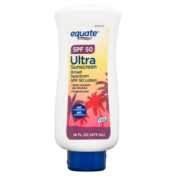 Equate ウルトラ 広域スペクトラム サンスクリーンローション SPF50 16fl oz（約473ml）ベタつきにくい処方。SPF50でUVA/UVBから肌を守ります。外出15分前にたっぷり塗布し、均一にのばしてください。