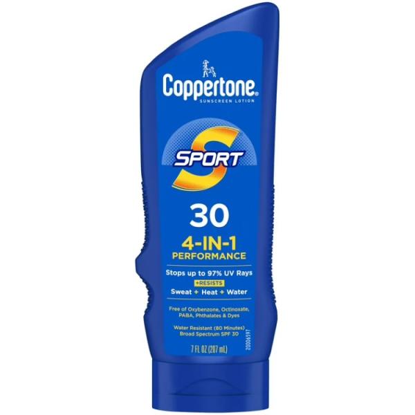 Coppertone スポーツ サンスクリーンローション SPF30 7fl oz（約207ml）広域スペクトラムでUVA/UVBから肌を守る保湿（ビタミンE配合）。汗や水に強く、着色料、PABA、オクチノキサート、オキシベンゾン不使用。