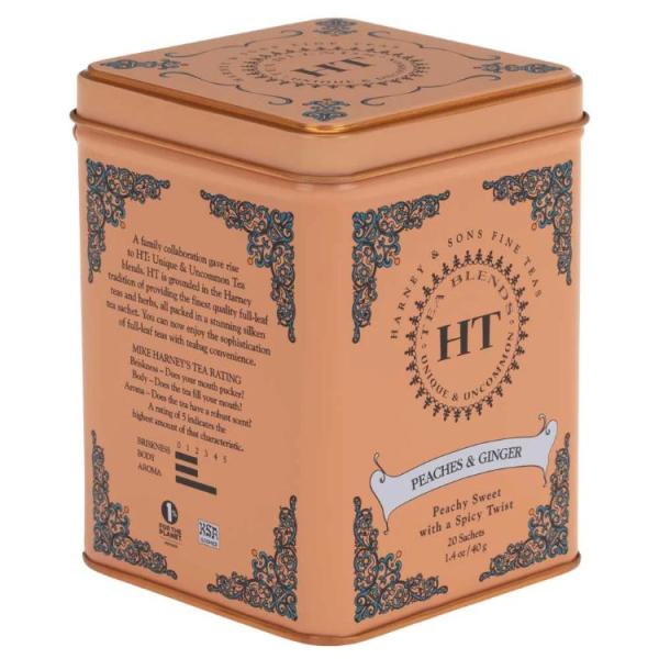 新鮮な桃の魅力的な風味と生姜のピリッとした風味を組み合わせた紅茶です。 各サシェで12オンスのお茶を淹れることができます 缶入りティーバッグ20袋入り。HTラインのティーバッグです。 カフェイン入り、コーシャ