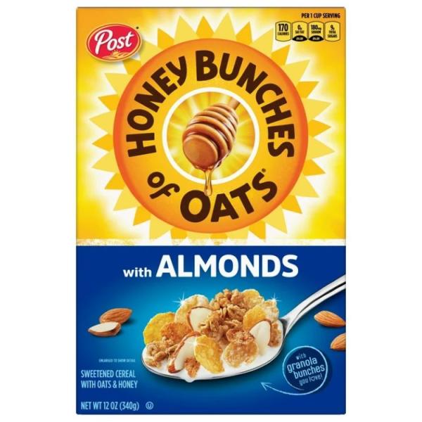 ハニーバンチズオブオーツ アーモンド入りで、朝から元気にスタートしませんか？サクサクのコーンフレークに、香ばしいオートグラノーラとスライスアーモンドをたっぷり加え、ほんのり甘いハチミツで仕上げた、食感も風味も楽しめる朝食シリアルです。1食あ...