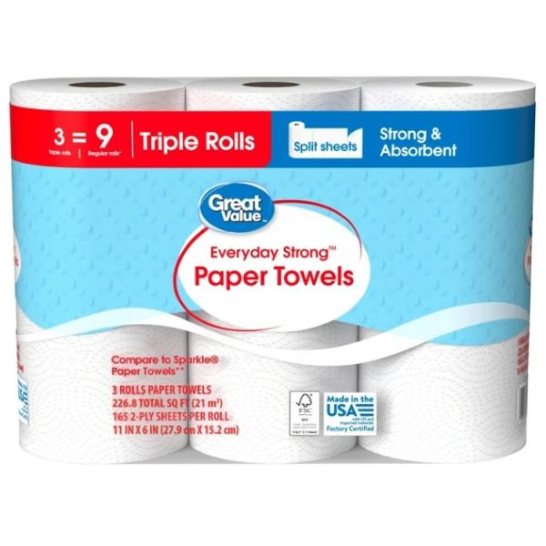 グレートバリュー ヘビーデューティー エブリデイ ペーパータオルは、丈夫で吸水性に優れた2枚重ね仕様。日常の掃除や片付けにぴったりな、使いやすいペーパータオルです。 このパックには3倍巻のロールが3本入っており、通常のロールに比べてたっぷり...