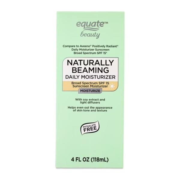 Equate ナチュラリー ビーミング 広域スペクトラム デイリーモイスチャライザー SPF15 4fl oz（約118ml）皮膚科医テスト済み。大豆種子エキスと光拡散成分配合で、肌トーンやキメを均一に見せる設計。低刺激性・ノンコメドジェニ...