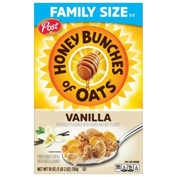 ハニーバンチズオブオーツ バニラで、心地よい朝をスタートしませんか？サクサクのコーンフレークにクランチーなオートグラノーラクラスター、そしてやさしいバニラ風味が絶妙に組み合わさった、朝食にぴったりのシリアルです。ほんのり甘く、1食あたり全粒...