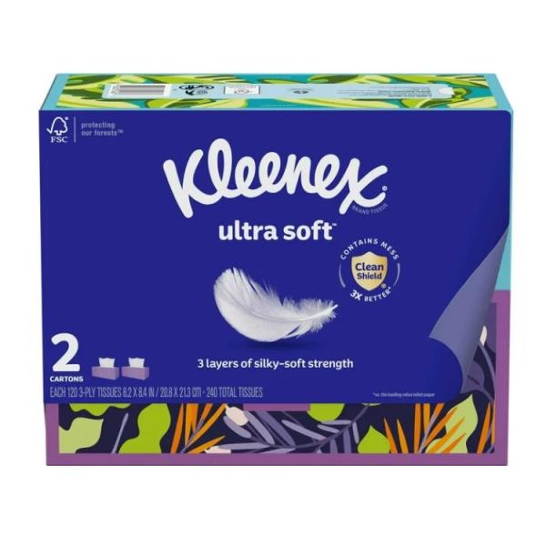 クリネックス ウルトラソフト フェイシャルティッシュ フラットボックス 2個セット（各120枚入り、合計240枚） 3層構造のプレミアムティッシュで、やわらかさとしなやかな強さを兼ね備えています。 【どんな瞬間にも寄り添う】 花粉症の季節、...