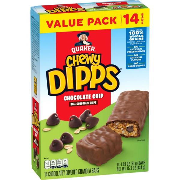 クエーカー チューイーディップス チョコレートコーティング グラノーラバー チョコチップ 31g×14本 クエーカーのグラノーラにリアルチョコレートチップを加え、チョコレート風味のコーティングを施したチューイータイプのグラノーラバーです。甘...