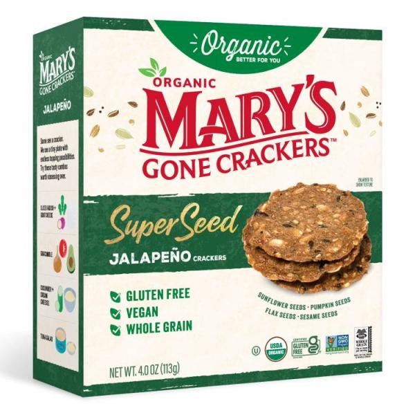 メアリーズ ゴーンクラッカーズ スーパーシード ハラペーニョオーガニック認証・グルテンフリー・Non-GMO・ヴィーガン・全粒穀物・コーシャ認証取得。品質と食事スタイルに配慮したスーパーシードクラッカーです。シンプルでクリーンなオーガニック...