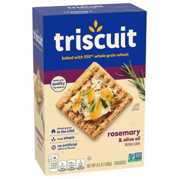 トリスケット ローズマリー＆オリーブオイル 全粒粉クラッカーは、シンプルで品質に配慮した原材料を使用しています。100％全粒粉小麦（米国産）とひまわり油を使用し、香ばしく焼き上げたベイクドタイプのクラッカーです。特長的な織り目状の形状とザク...